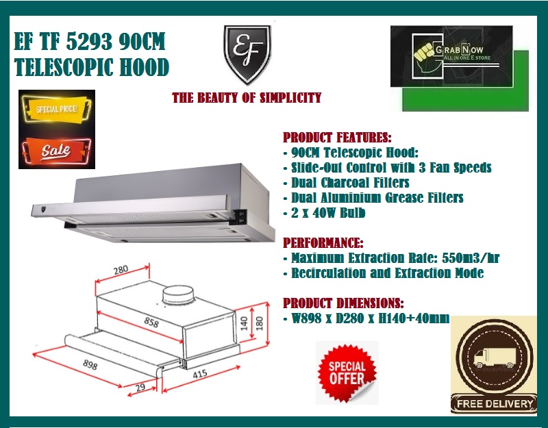 EF TF 5293 90CM TELESCOPIC HOOD | Slide-Out Control with 3 Fan Speeds | FREE EXPRESS DELIVERY ...