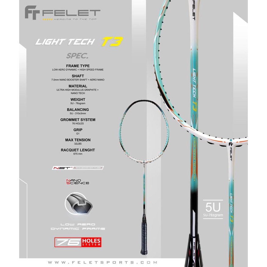 Felet Light Tech T3 5u 78gram+- Heavy Head Racket Badminton Raket ...
