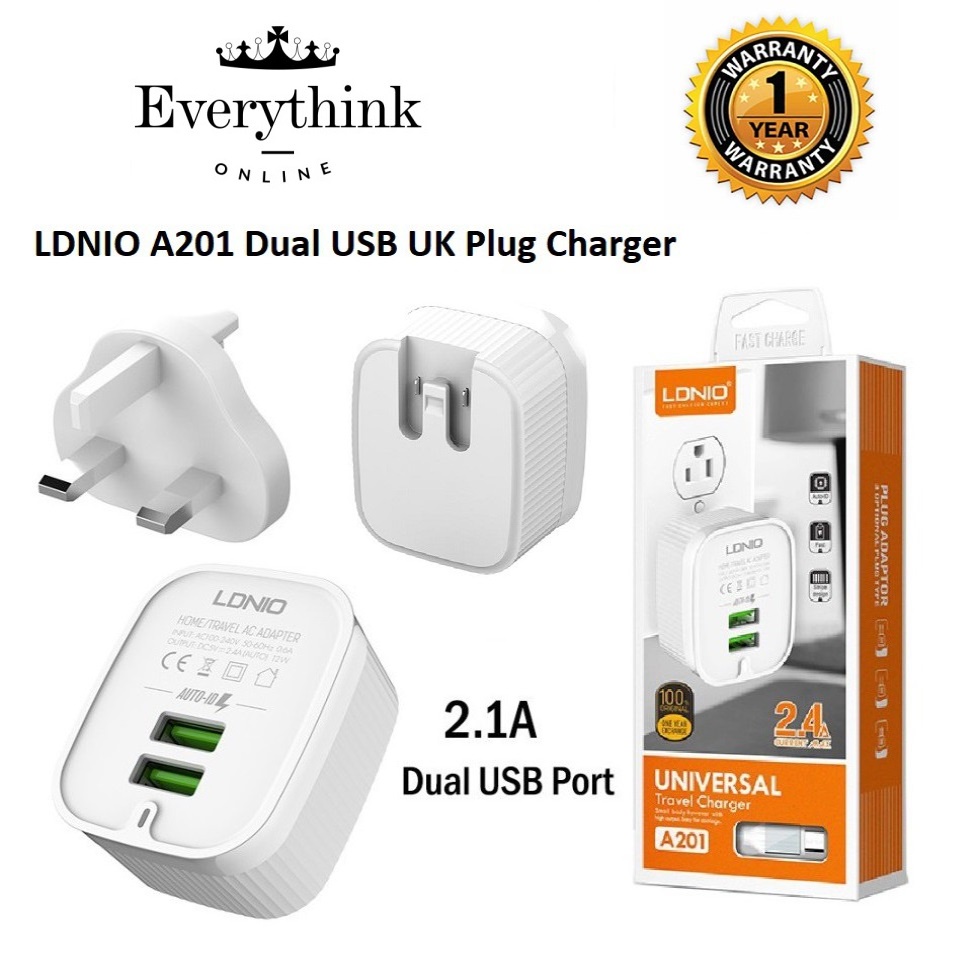 LDNIO A201 FAST CHARGING 2 USB CHARGER PORTS (AUTO-ID 2.4A OUTPUT AUTO ...