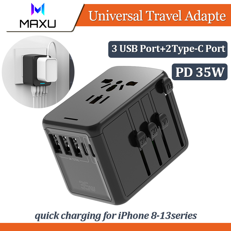 Universal Travel Adapter 3USB Port+2Type-C Port US/UK/EU/AU Multi International Conversion Plug ...