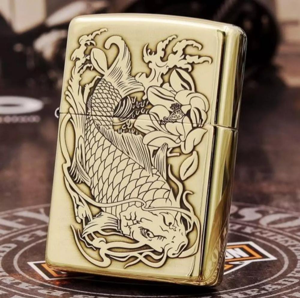 (FREE BOX) Korek Api Zippo Gold Full Grafir Motif Ikan Koi Original ...