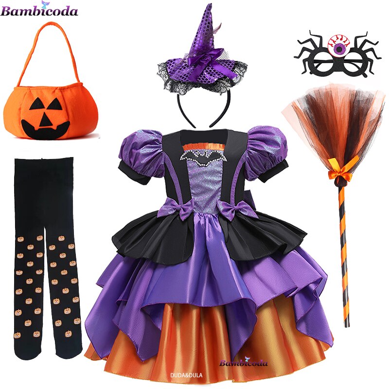 1 Girls Fancy Pumpkin Halloween Dress Kids Cosplay Bat Print Witch ...