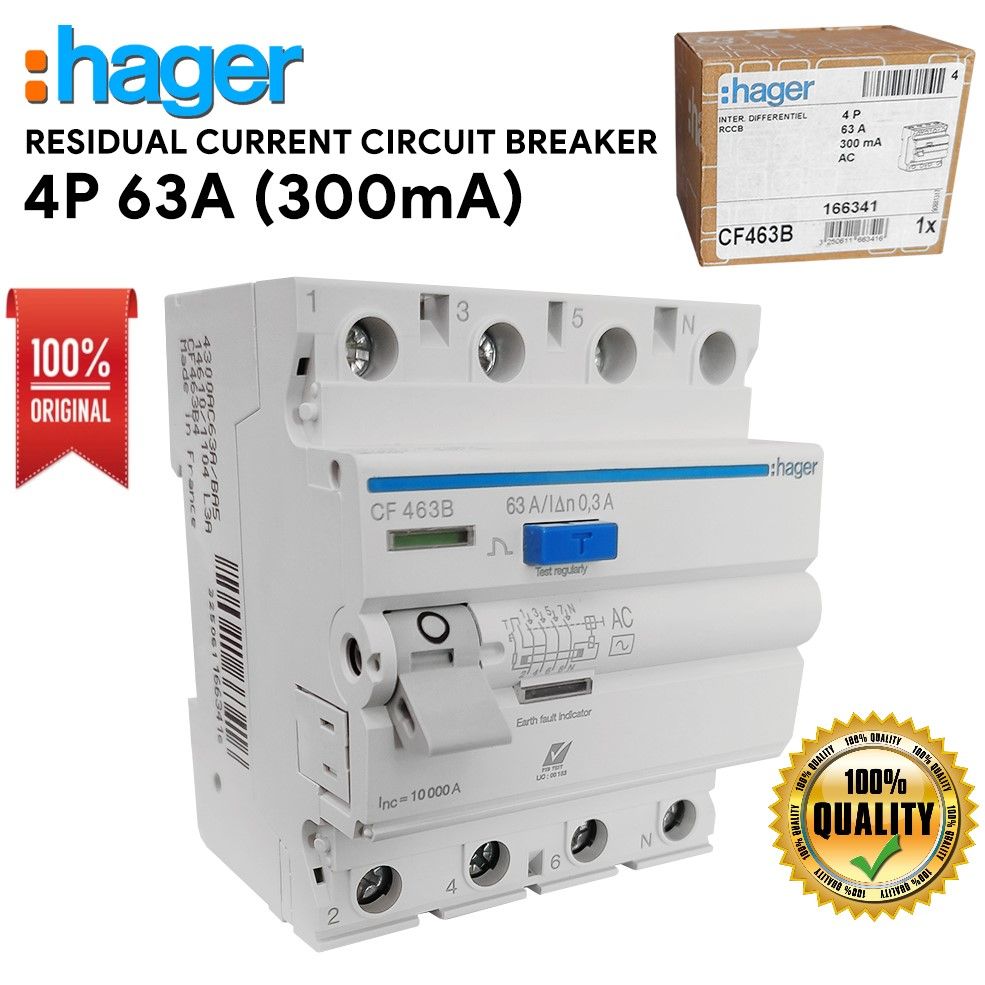 100% ORIGINAL + READY STOCK!! HAGER 63A 4 Pole 100mA 300mA RCCB ELCB | Lazada