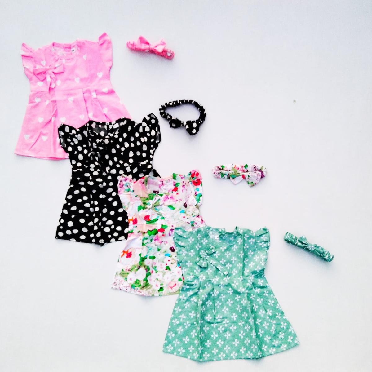 Pack of 4 Cotton Frock With Hair Bands Random ( 1 Months to 3.5 Years ...