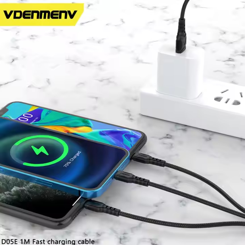 DENMEN D05E 3in1 USB Cable Micro Lightning Type-C 1M White Mobile Phone ...