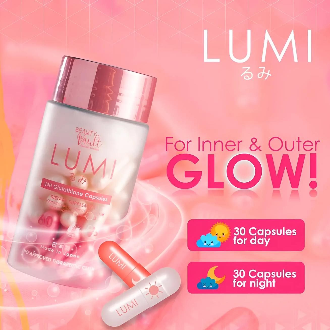 LUMI 24H GLUTATHIONE 60 CAPSULES / Tablets Whitening Skin Protection & Increase Body Collagen ...