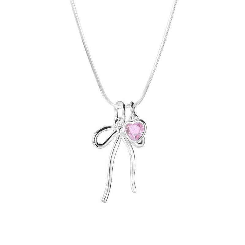JWER Y2K Pink Zircon Heart Bow Pendant Necklace For Women Sweet Crystal Bowknot Line clavicle ...