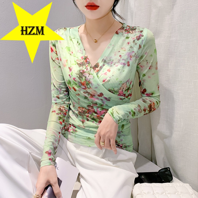 HZM 2024ฤดูใบไม้ร่วงสไตล์ตะวันตกสลิมมิ่งแขนยาวลายดอกไม้สีเขียวคอวีหรูหราสไตล์ผู้ใหญ่เล็กน้อย ...