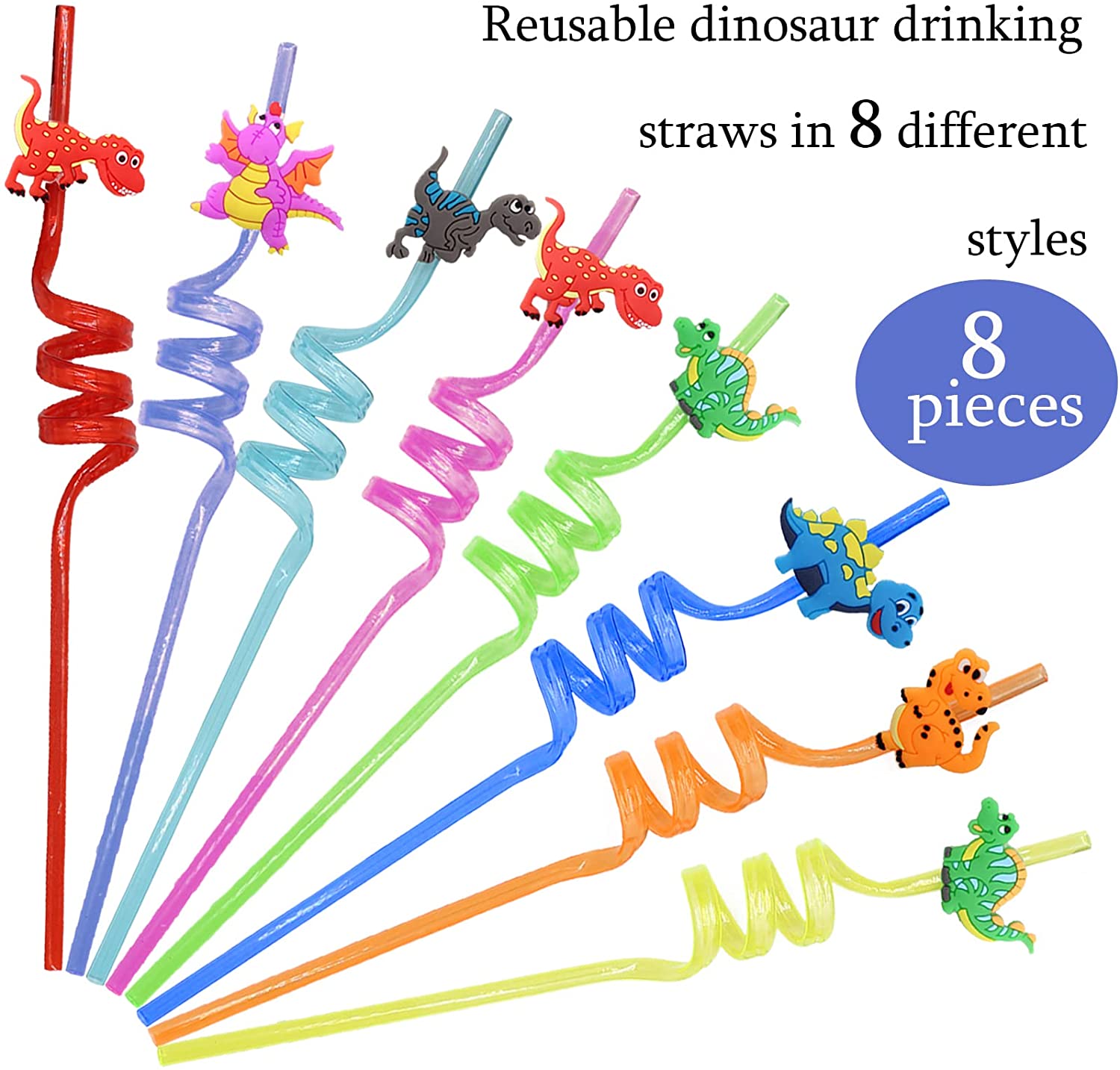 8 Pack Silly Crazy Straws for Kids Reusable, Dinosaur Fun Straws Drinking Reusable Plastic ...