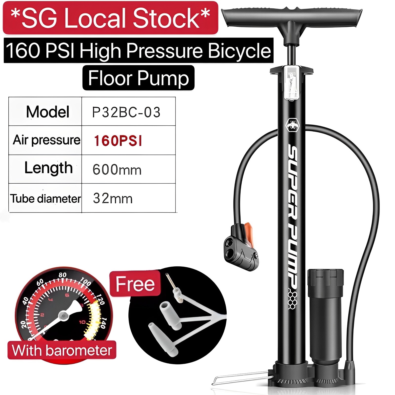 [SG READY STOCK] Bicycle Floor Air Pump with 160 PSI Gauge High ...