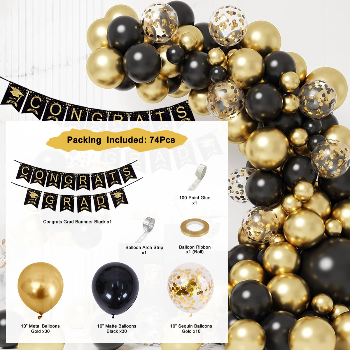 Black Gold Happy Graduation Balloons Set Congrats Grad Banner School ...