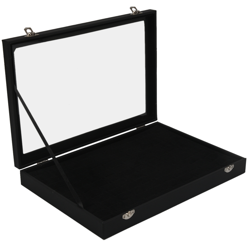 Glass Lid Black 100 Slot Earring Ring Jewellery Display Storage Box ...