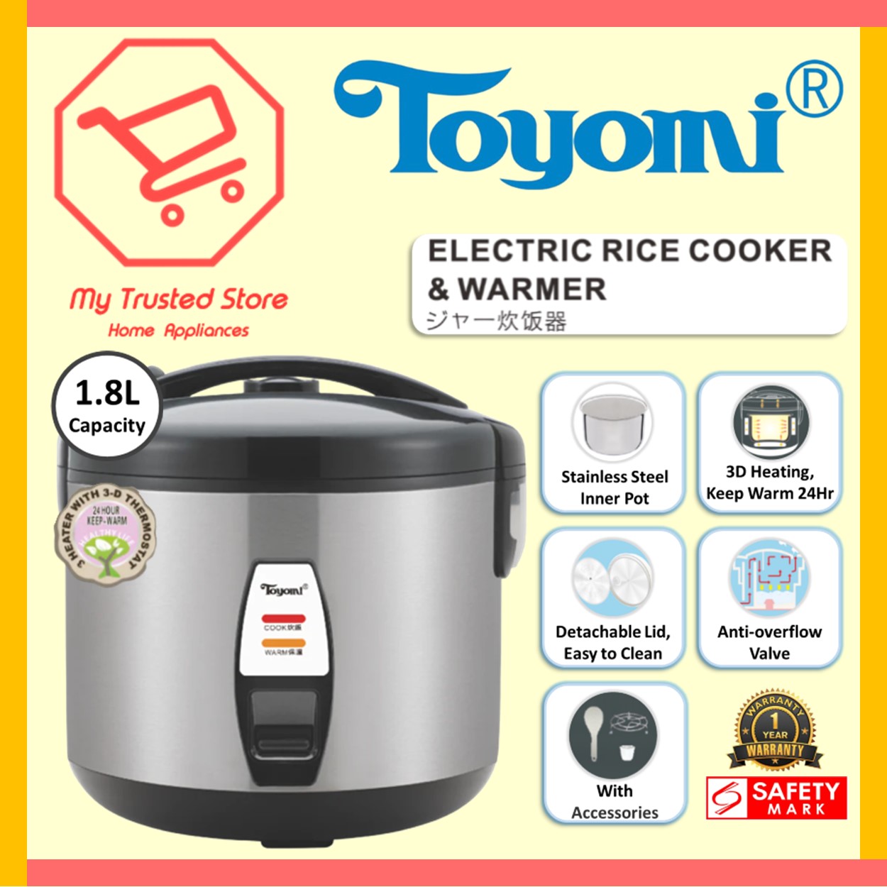 Toyomi 1.8L RC 968SS Electric Rice Cooker & Warmer with Stainless Steel ...