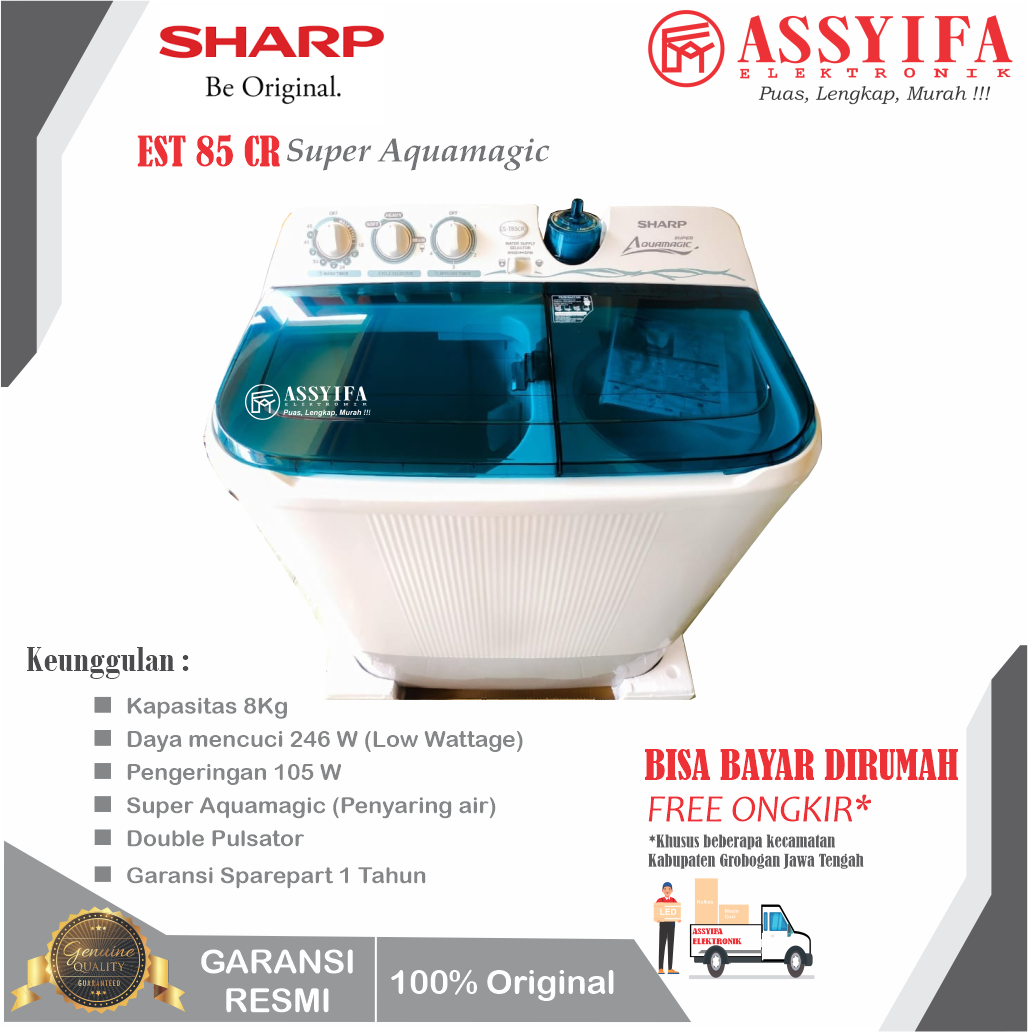 MESIN CUCI SHARP SUPER AQUA MAGIC 8KG 2 TABUNG SUPER AQUA MAGIC EST85CR ...