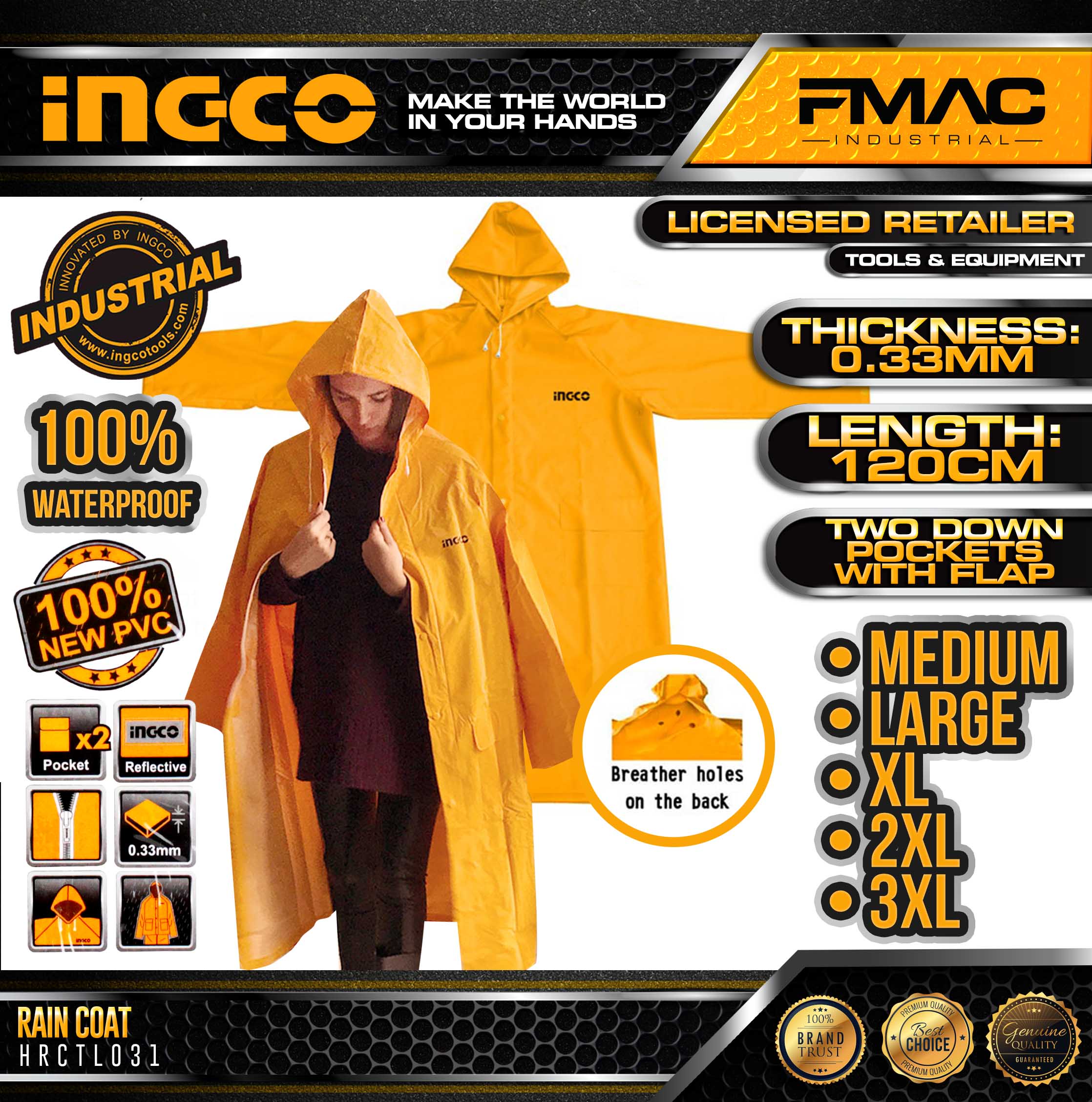 INGCO Industrial Rain Coat Upper Only 100% New PVC 2 Down Pockets With ...