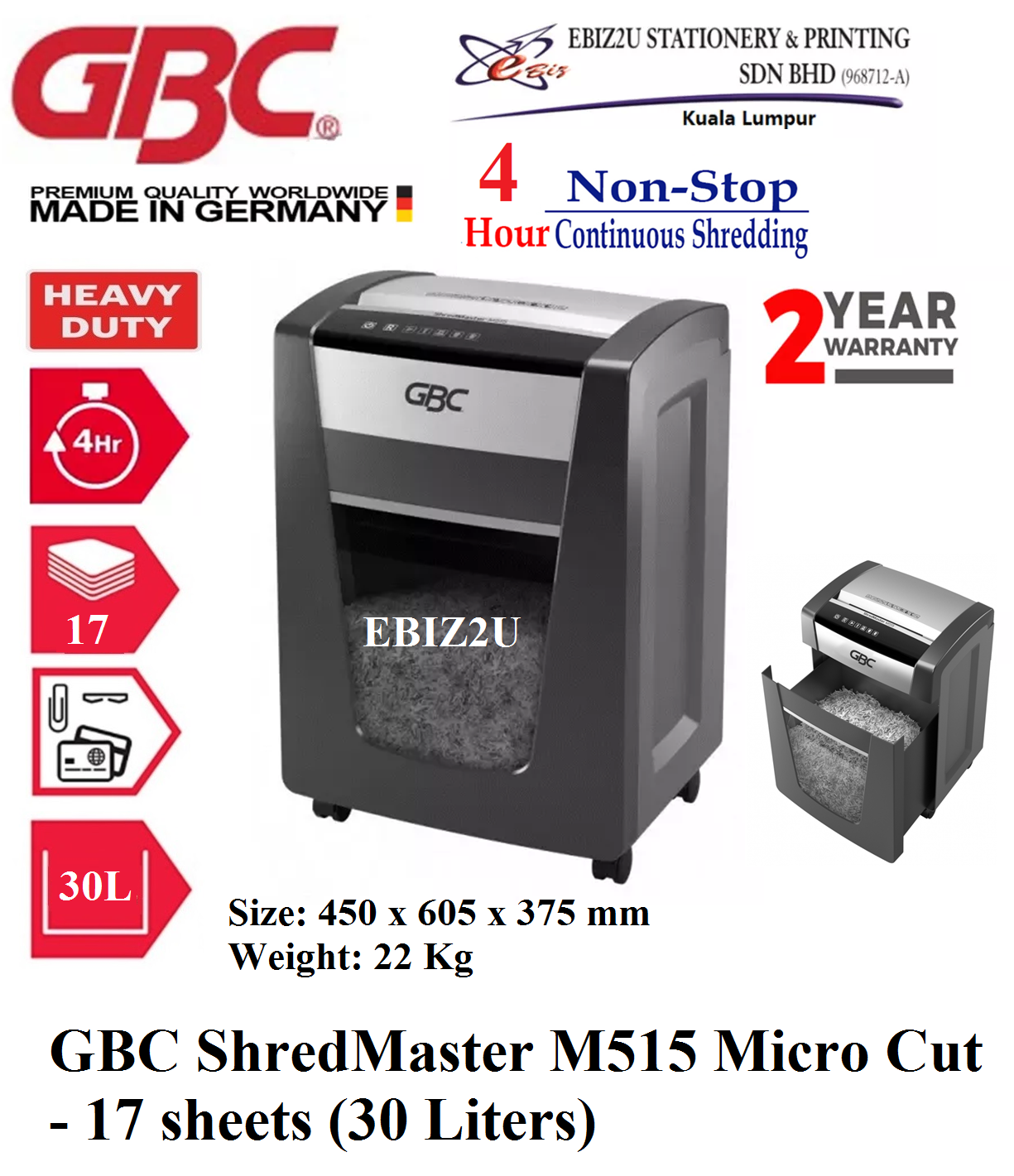 GBC ShredMaster M515 (4 Hours Non Stop) Paper Shredder Micro Cut - 17 ...