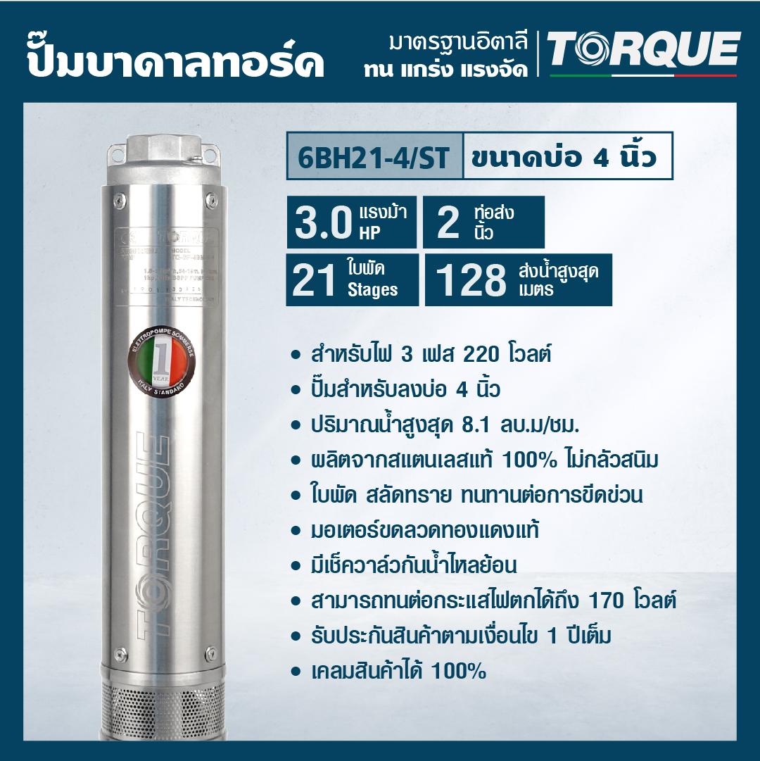 TORQUE TQ-SP-6BH21-4/ST ปั๊มบาดาลทอร์ค ชุด Submersible Pump 3.0 HP. 21 ...
