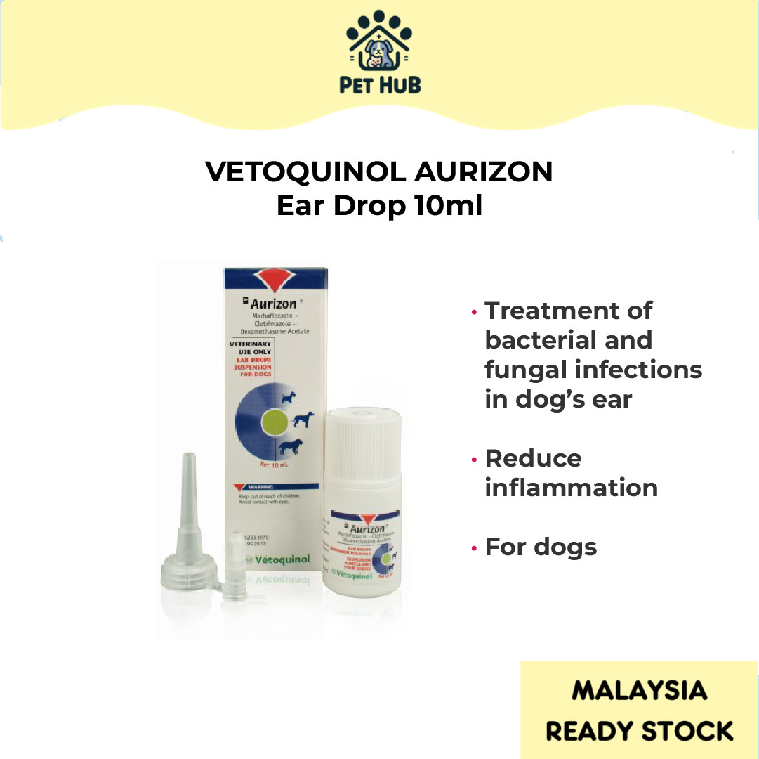 Vetoquinol Aurizon Ear Drops 10ml Ear Care For Dogs Otitis Externa, Bacterial And Fungal ...