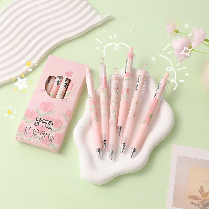 6Pcs Cute Pink Tulip Gel Pen Elegant Simple Pressing Neutral Pens ...