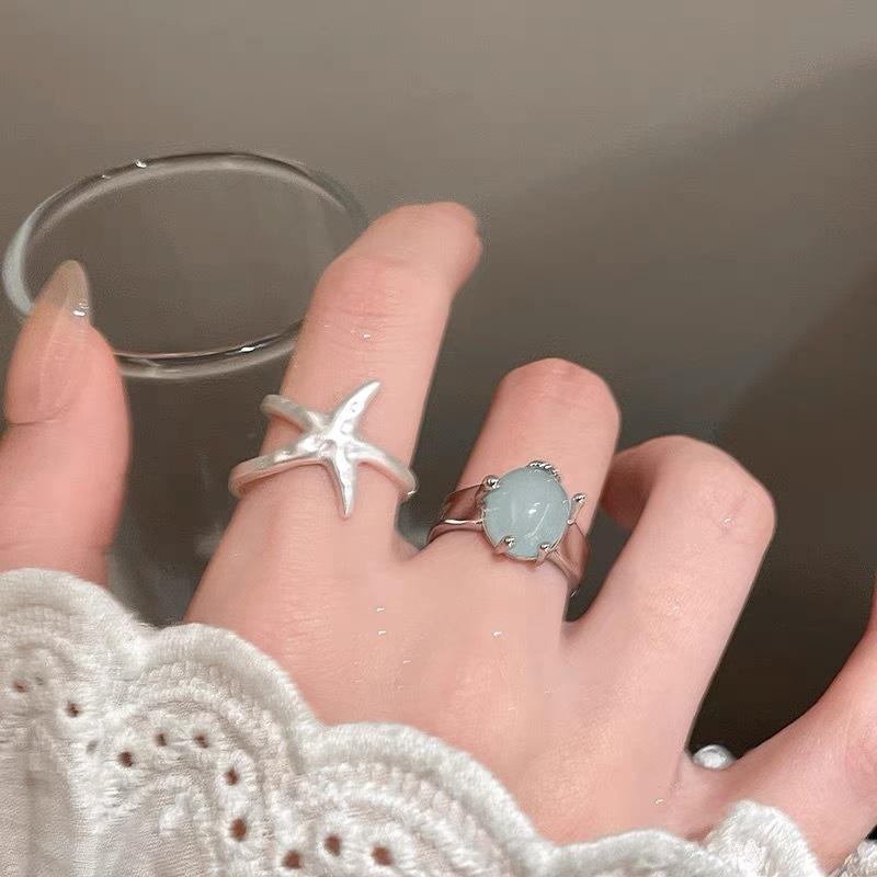 2pcs/set Sweet Starfish Blue Zircon Open Rings For Women Girls Ocean Style Simple Star Finger ...
