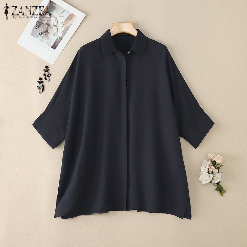 ZANZEA Muslimah Women Elegant Full Sleeve Texture Shirt Side Split ...