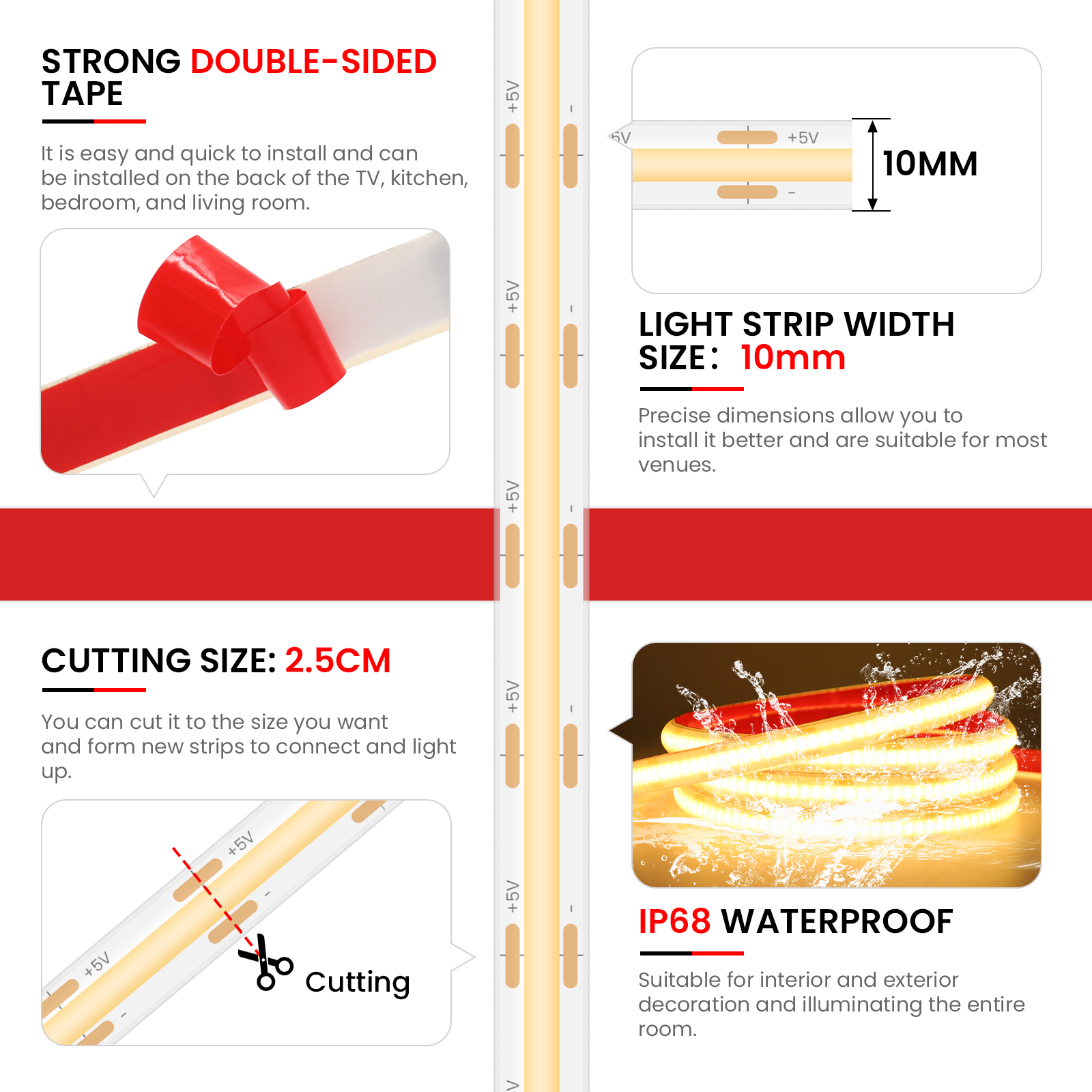 IP68 Waterproof COB LED Strip 5V Powered Flexible Ribbon Adhesive Tape ...