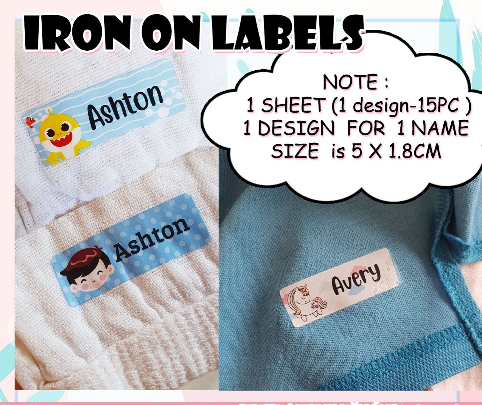 (SG SELLER) IRON ON LABELS – IRON PRINTS (15PCS PER DESIGN PER NAME ...