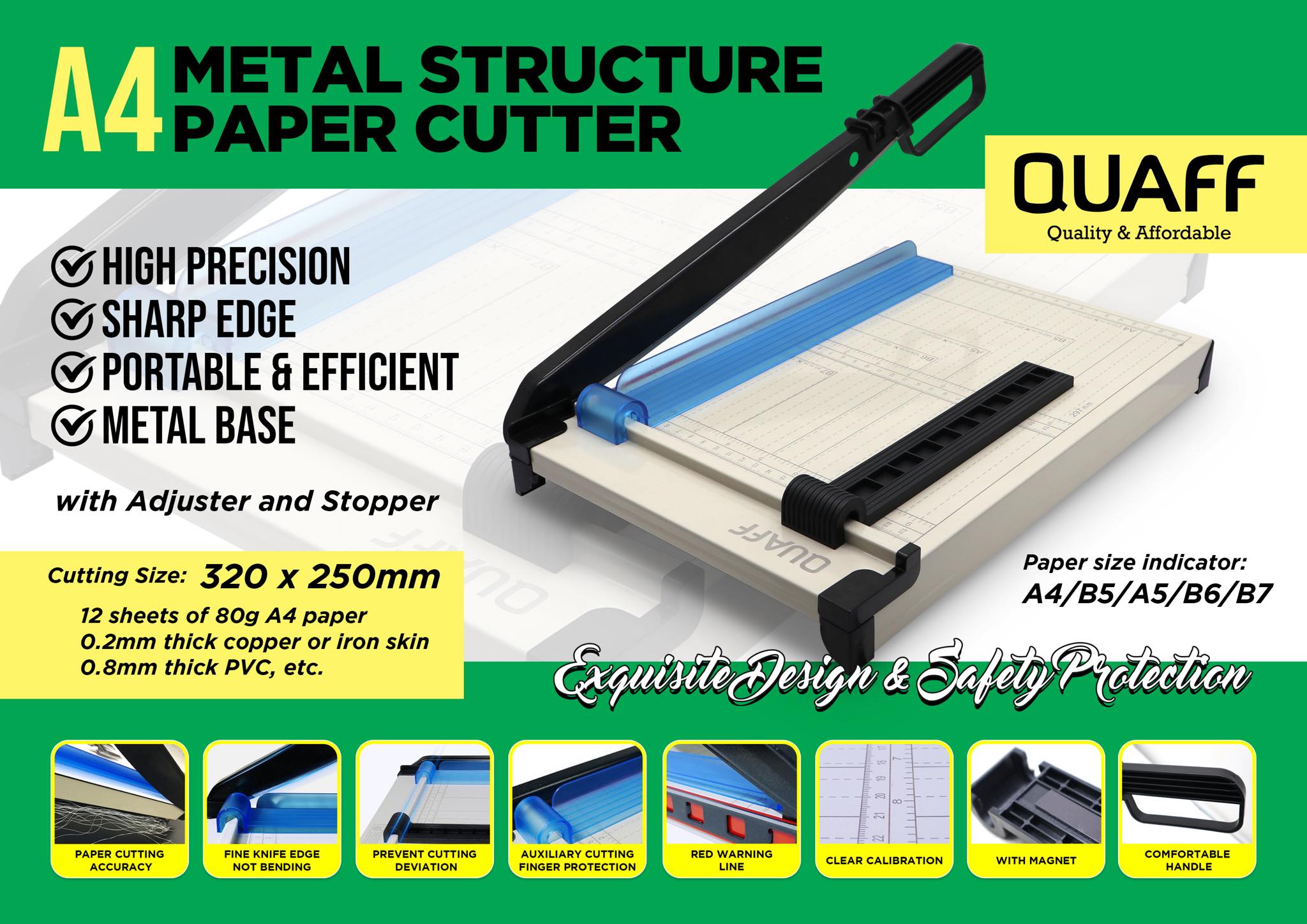 QUAFF Paper Cutter Metal Structure A4 Size with Paper Adjuster Stopper ...