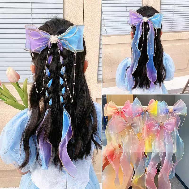 Elegant Sweet Rainbow Long Ribbon Hair Clip Cute Colorful Bows Hair ...
