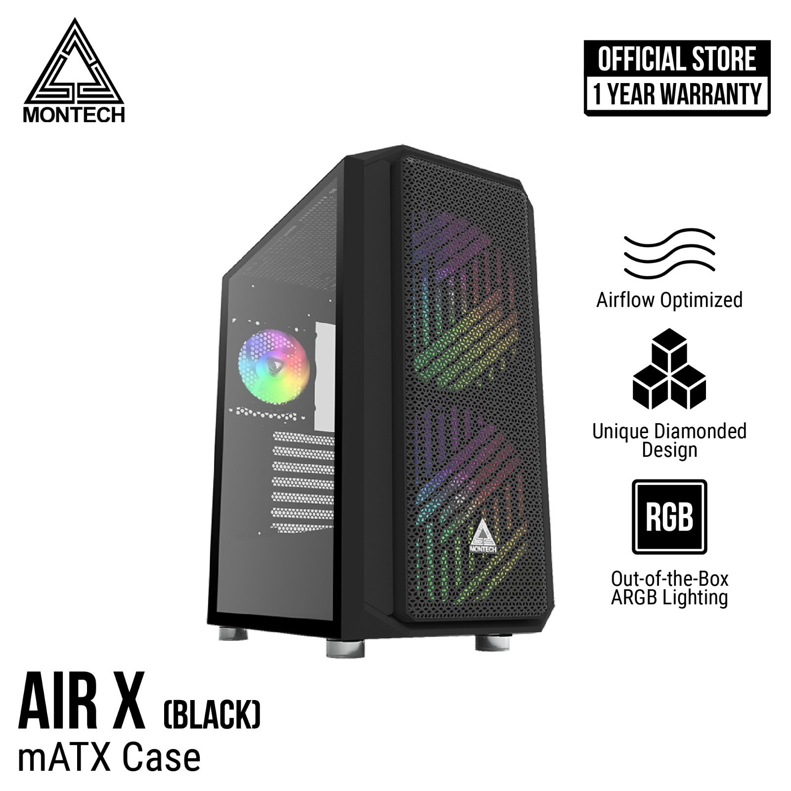 MONTECH AIR X, Tempered Glass 200mm ARGB fan, Diamond Mesh Front Panel ...