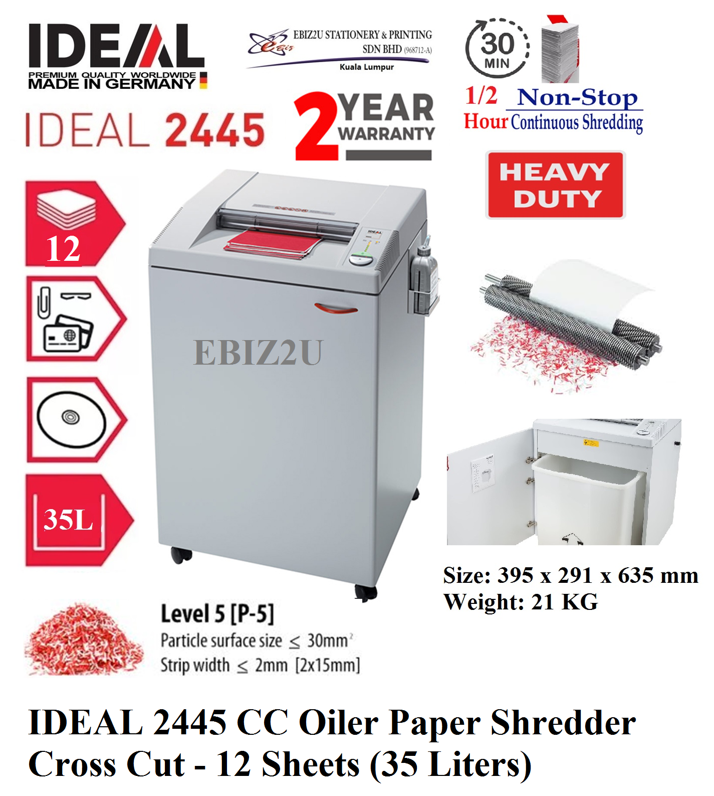 IDEAL 2445 CC Oiler Paper Shredder Micro Cut (2 x 15mm) & Cross Cut (4 x 40mm) - 12 Sheets (35 ...