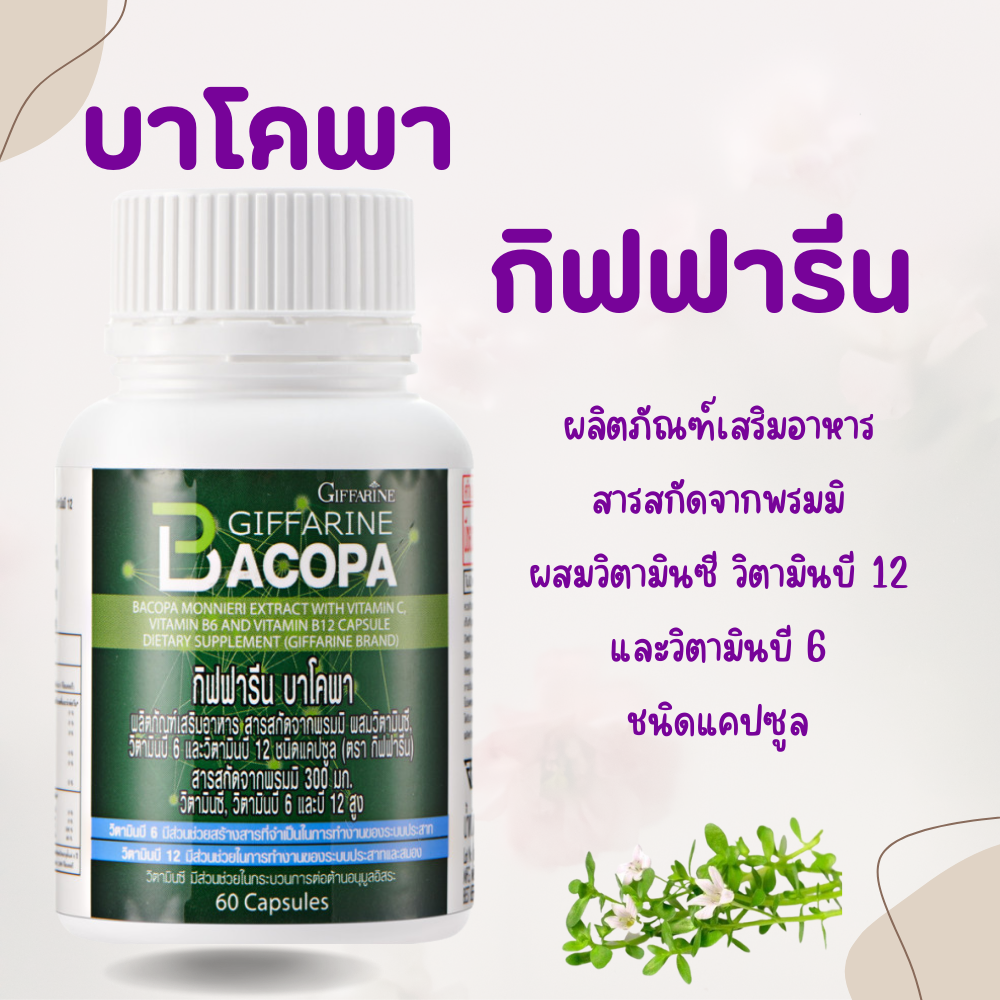บาโคพา พรมมิสกัด ชนิดแคปซูล ผสมวิตามินซี วิตามินบี 12 และวิตามินบี 6 สมอง ความจำ Bacopa ...