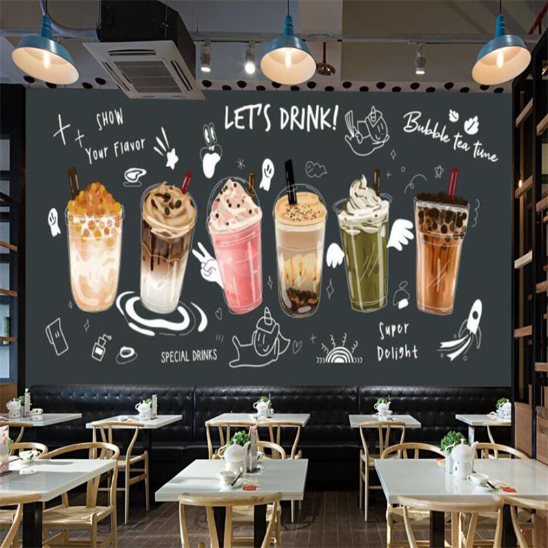 Custom Size 3D Let's Drink Mural Wallpapers Industrial Decor Bubble Tea ...
