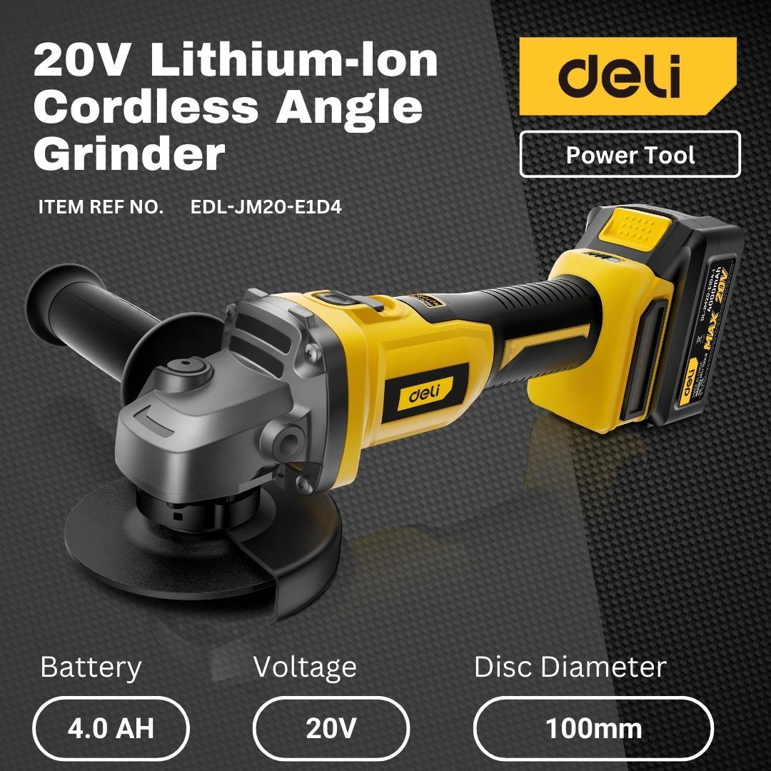 DELI 20V Lithium Ion Cordless Angle Grinder 100mm diameter 3 speed ...