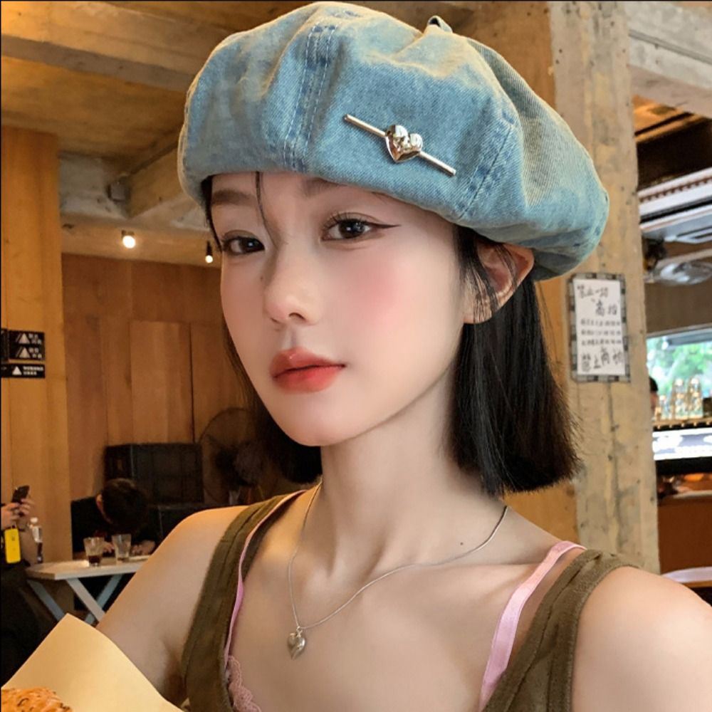 Retro Solid color Love Heart Beret Y2K Cowboy Beret Cap All-match ...