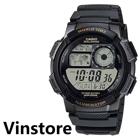 [Vinstore] Casio AE-1000 World Time Illuminator Black Resin Digital ...