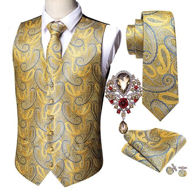 5PCS Barry.Wang Design Gold Solid Wedding Vest For Men Suit Vest Silk ...