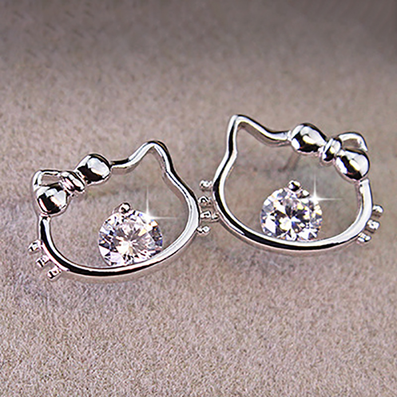 1Pair Sanrio Cartoon Cute Hello Kitty Shiny Zircon Earrings Hollow Cat ...