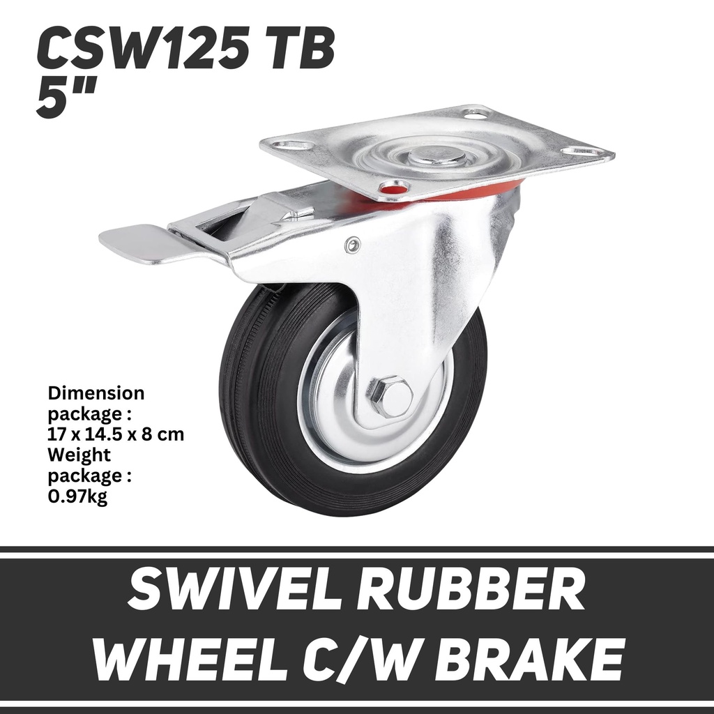 5 INCHI Heavy Duty Rubber Wheel Rigid Swivel With Brake 360 Degree ...