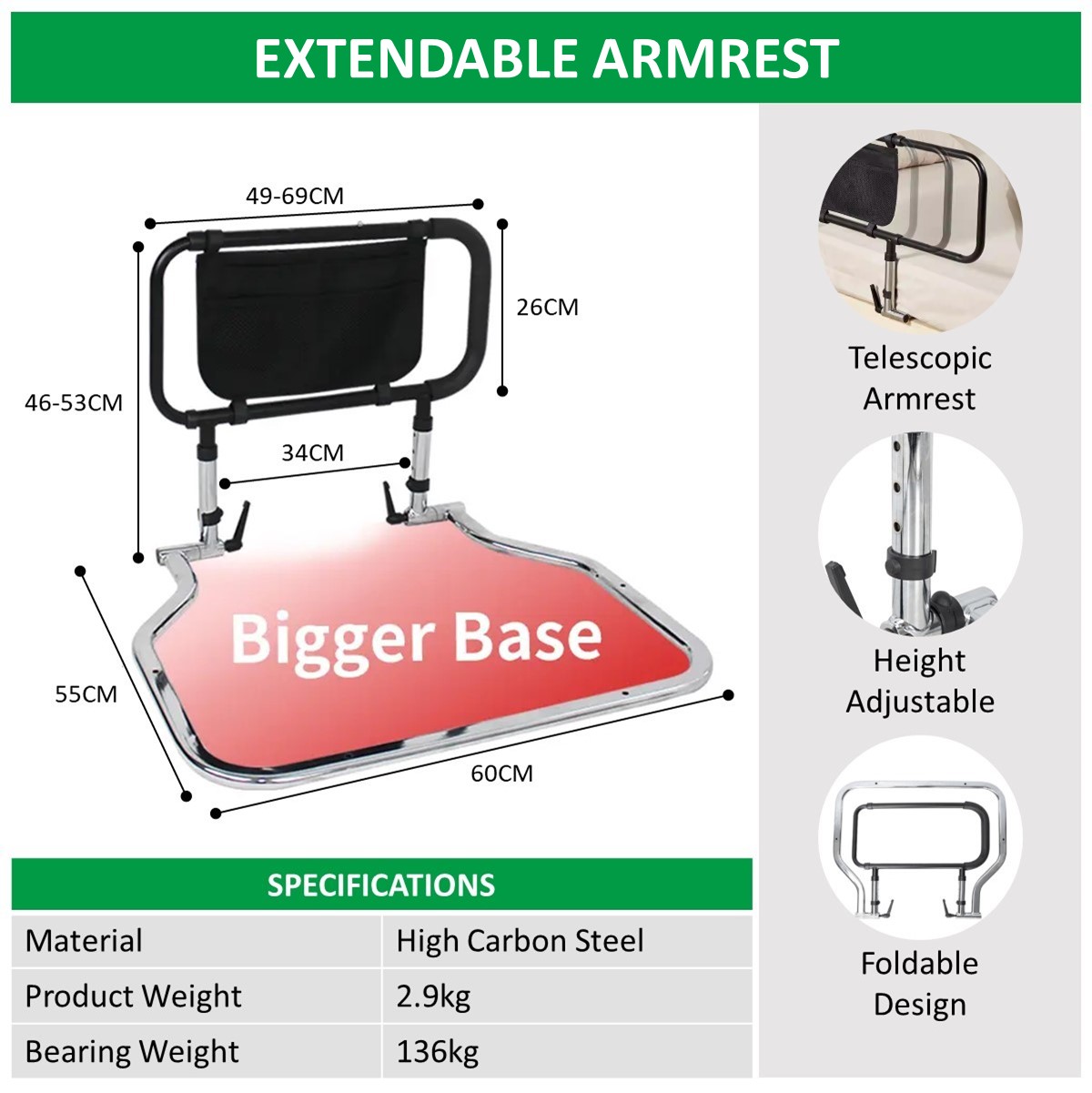 🏅Bedside Armrest Grab Bar Safety Handrail Bed Guard Storage Pouch ...