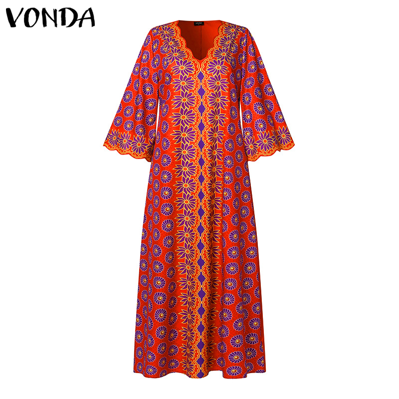 VONDA Women Elegant V Neck Bell Sleeves Printed Party 43 Sleeves Maxi ...