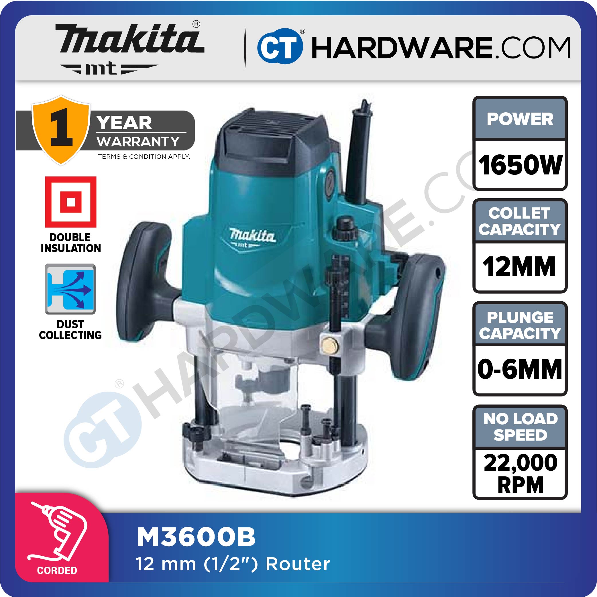 MAKITA MT M3600B ROUTER 1/2" 1650W 22,000RPM | Lazada