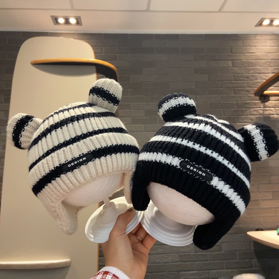 Cartoon Stripe Baby Knitted Hat Winter Warm Toddler Earmuff Cap Cute Thicken Wool Kids Ear ...