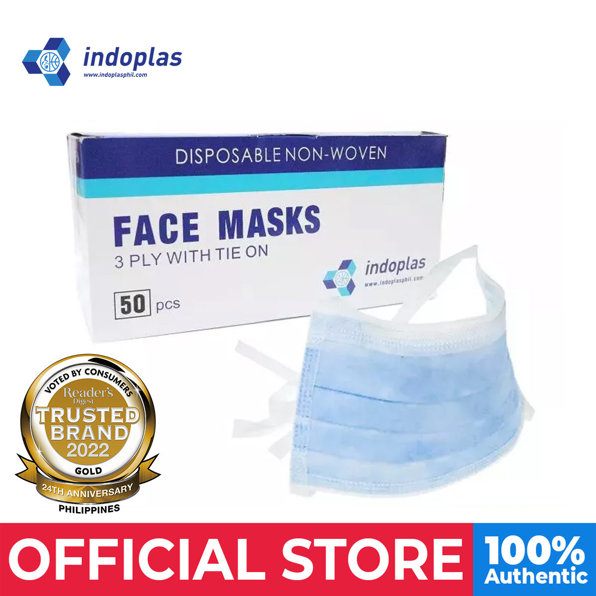 Indoplas Disposable Non-Woven Face Mask 3-ply with Tie-On 1 box (50 pcs ...