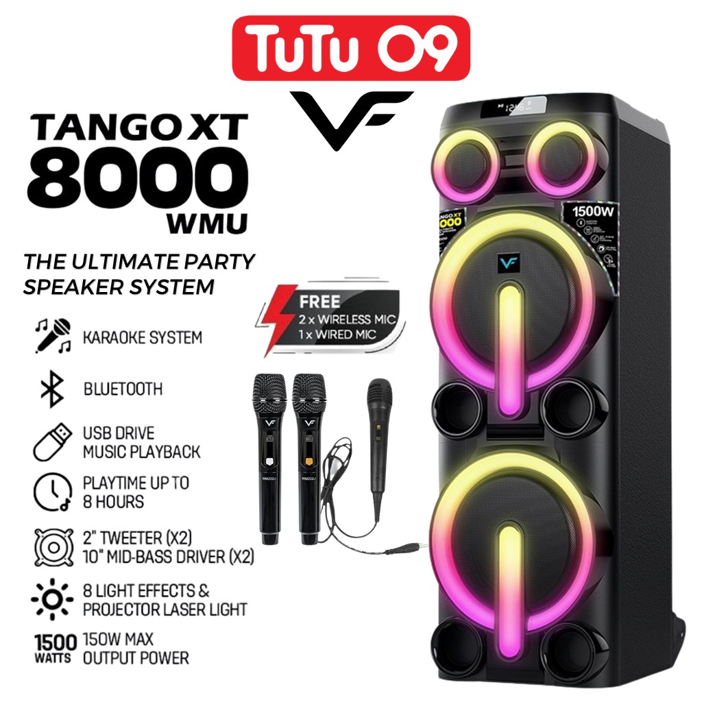 Vinnfier VF Tango XT8000 WMU Partybox Portable Karaoke Speaker 1500W MAX 14000mAh TWS AUX USB FM ...