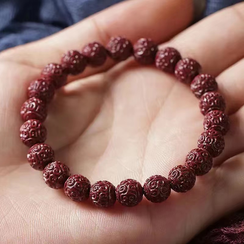 Natural cinnabar bracelet with Palindrome bead carved purple gold sand ...