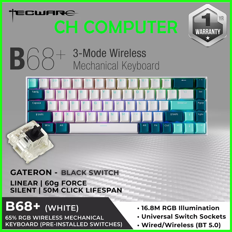 Tecware B68+ RGB Backlit Wireless Mechanical Keyboard, 3 Mode, 68-Key ...