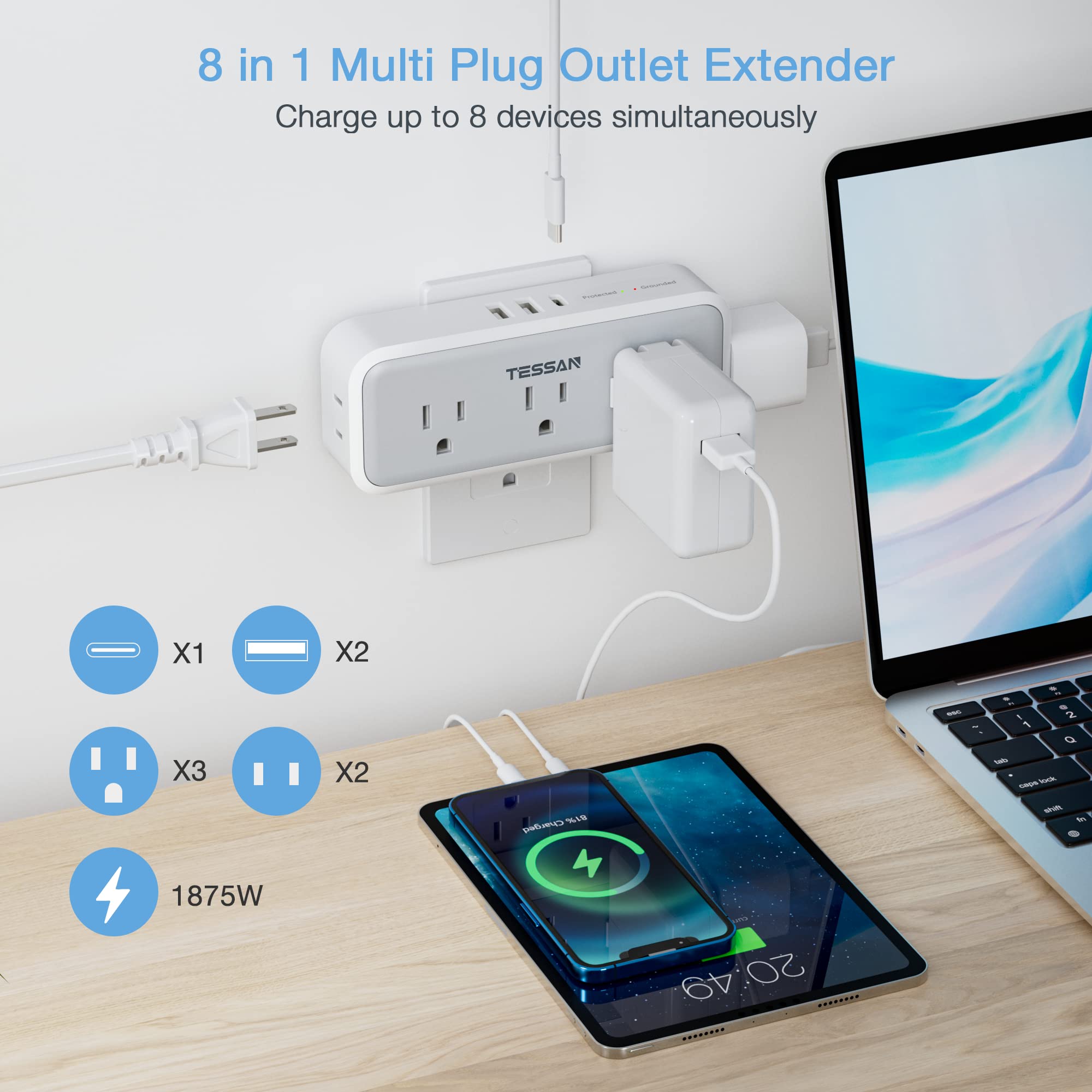 【NaturalHaven】Tessan Multi Plug Outlet With 5 Outlets 3 Usb 1 Usb C ...