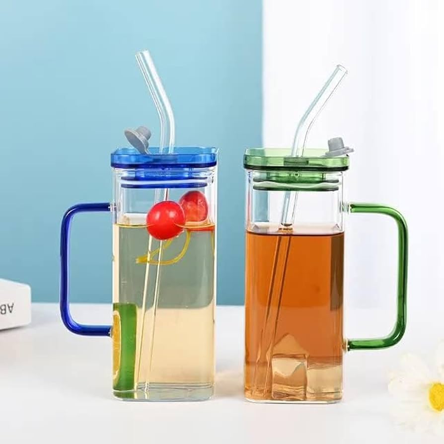 400ml Clear Borosilicate Glass Cup with Multicolor Handle, Acrylic Lid ...