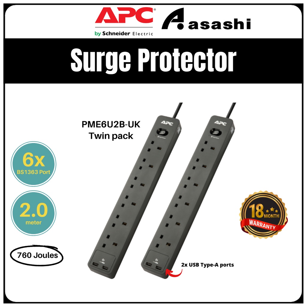 APC PME6B-UK / PME6U2B-UK SurgeArrest Essential Surge Protector, 6x ...